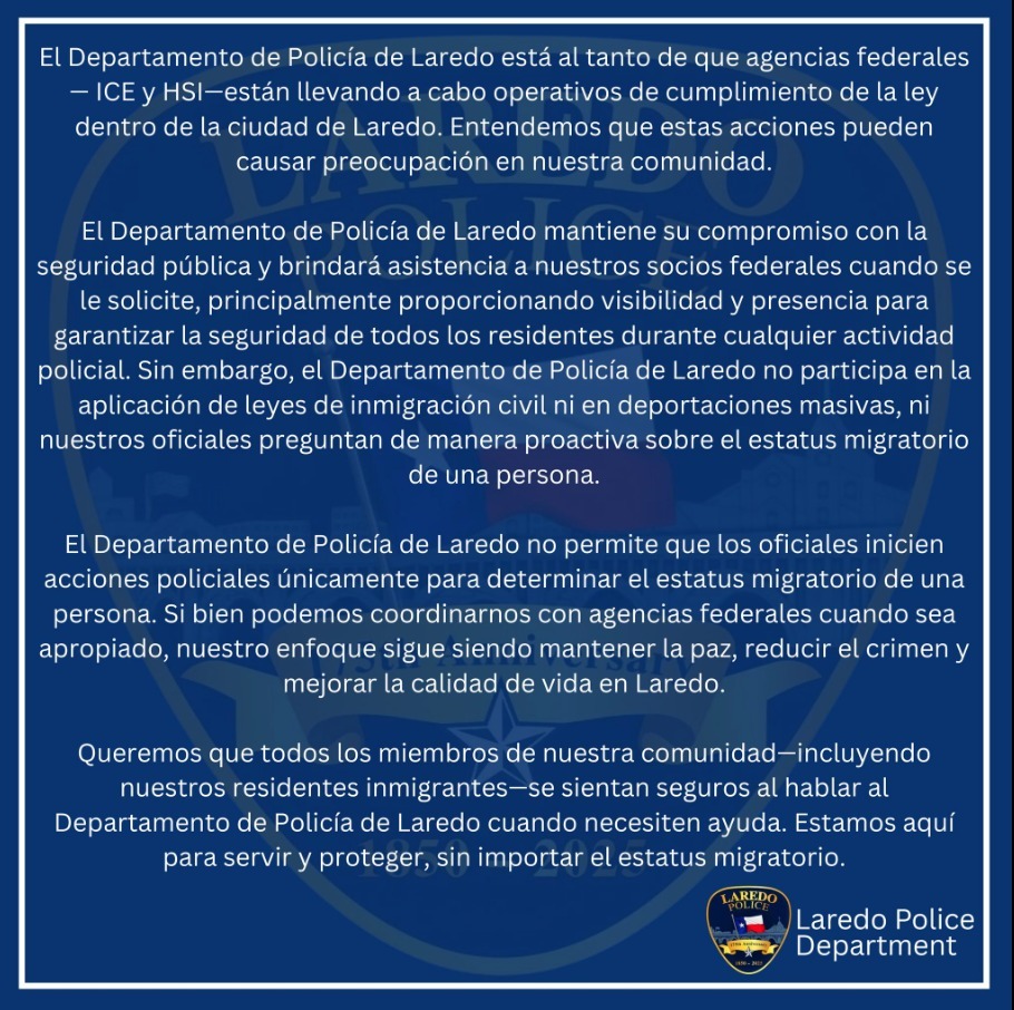 Policía de Laredo aclara su rol en operativos de inmigración ...